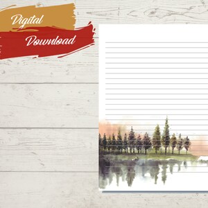 Printable Watercolor Trees on a Lake Letter Writing Paper, Printable ...