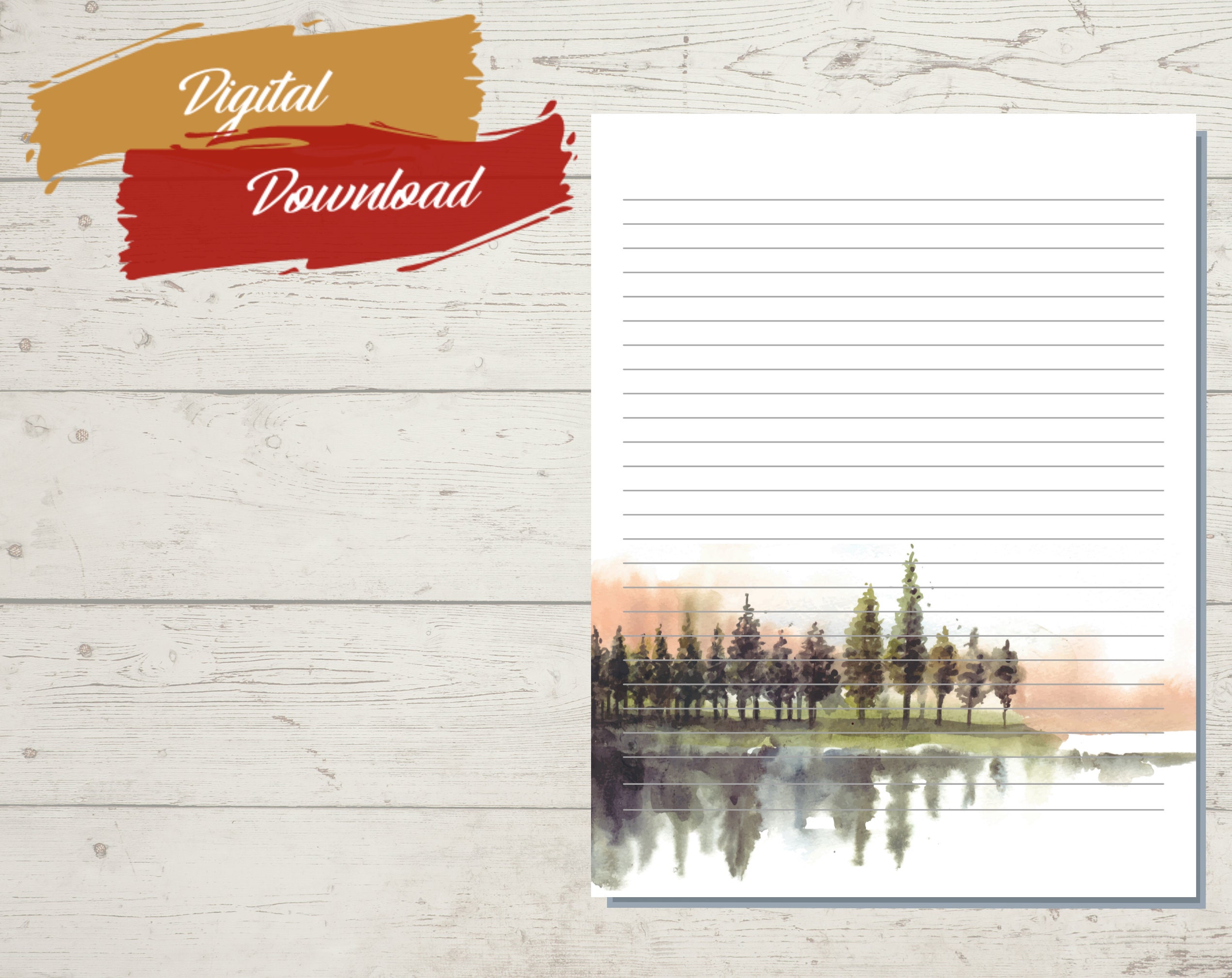 Printable Watercolor Trees on a Lake Letter Writing Paper, Printable ...