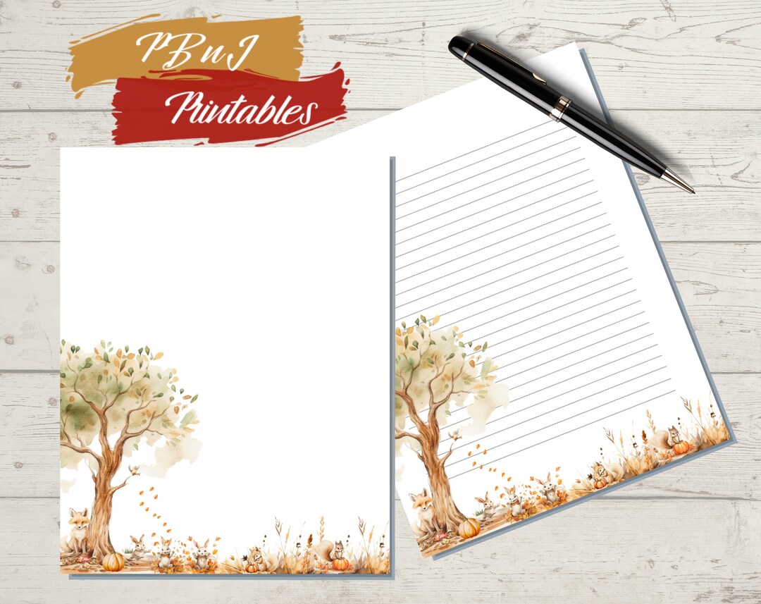 Printable Watercolor Autumn Woodland Animals Scene Writing Paper ...
