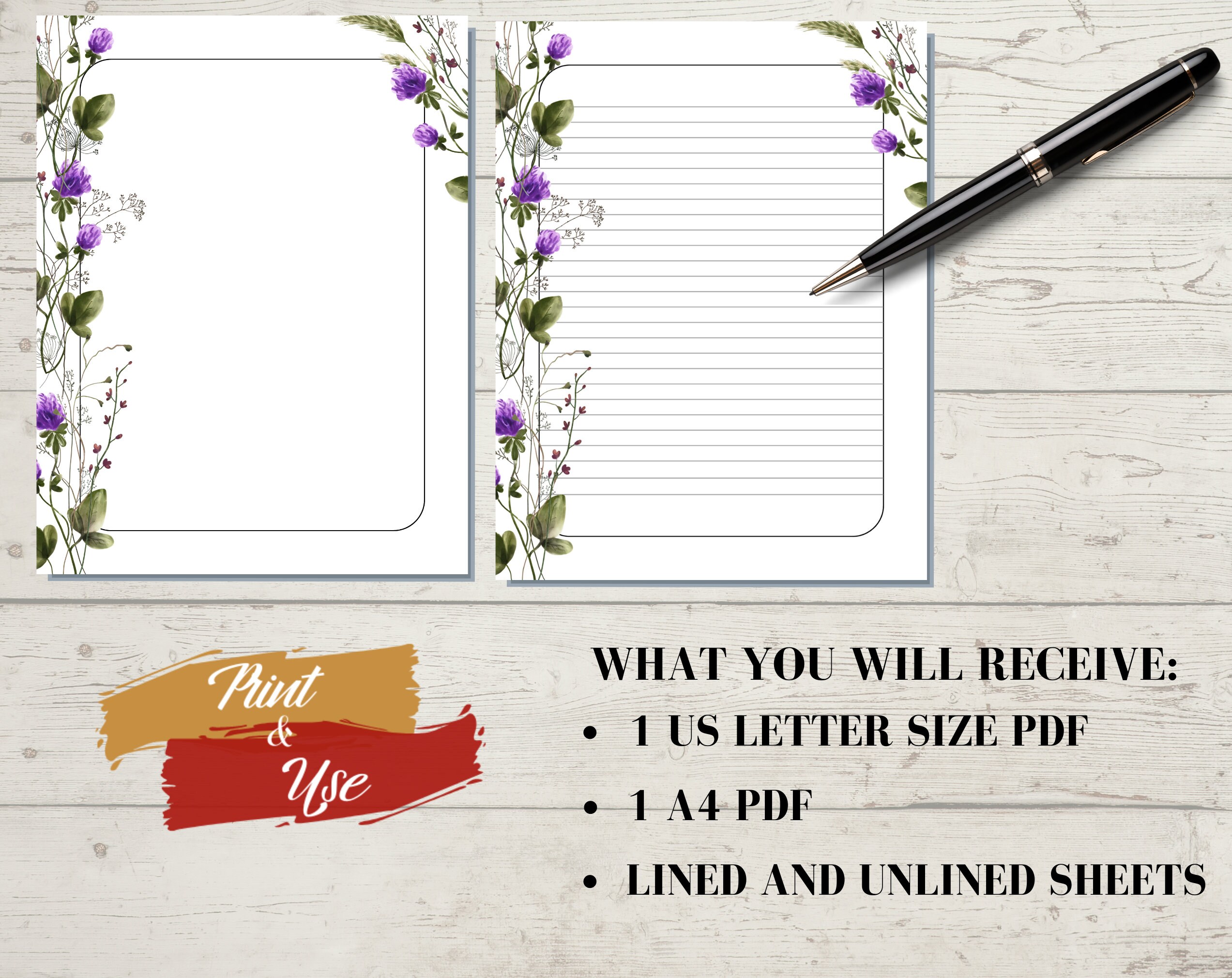 Printable Purple Watercolor Flowers Letter Writing Paper, Digital ...