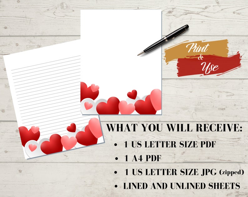 Valentine's Day Letter Writing Paper, Digital Download, 4 Designs ...