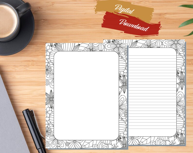 Printable Floral Border Coloring Stationery, Digital Download ...