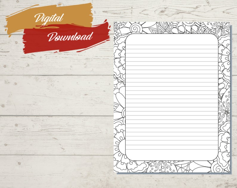 Printable Floral Border Coloring Stationery, Digital Download ...