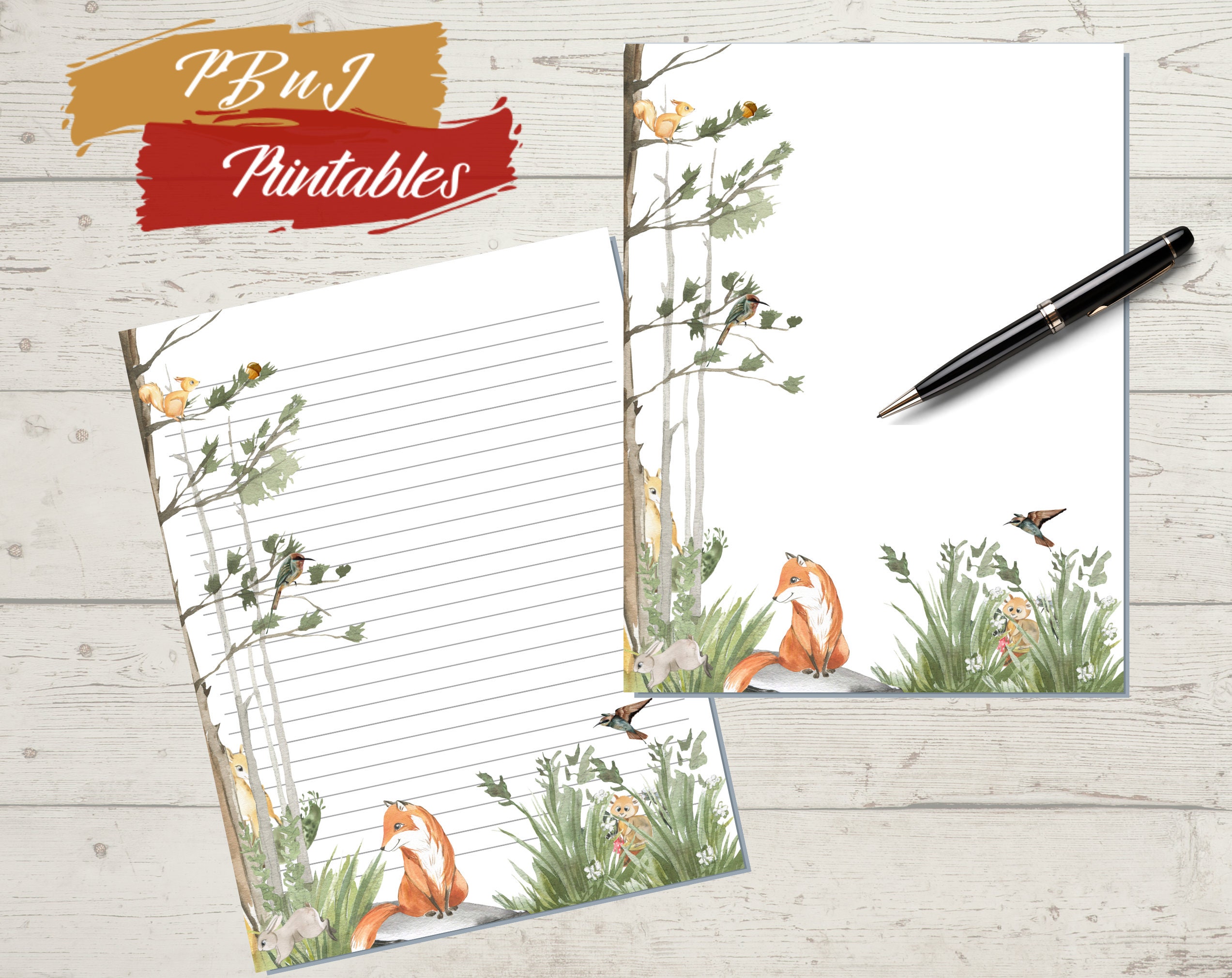 Printable Watercolor Woodland Animals Scene Writing Paper, Digital ...