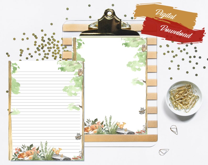 Printable Watercolor Woodland Animals Scene Writing Paper, Digital ...