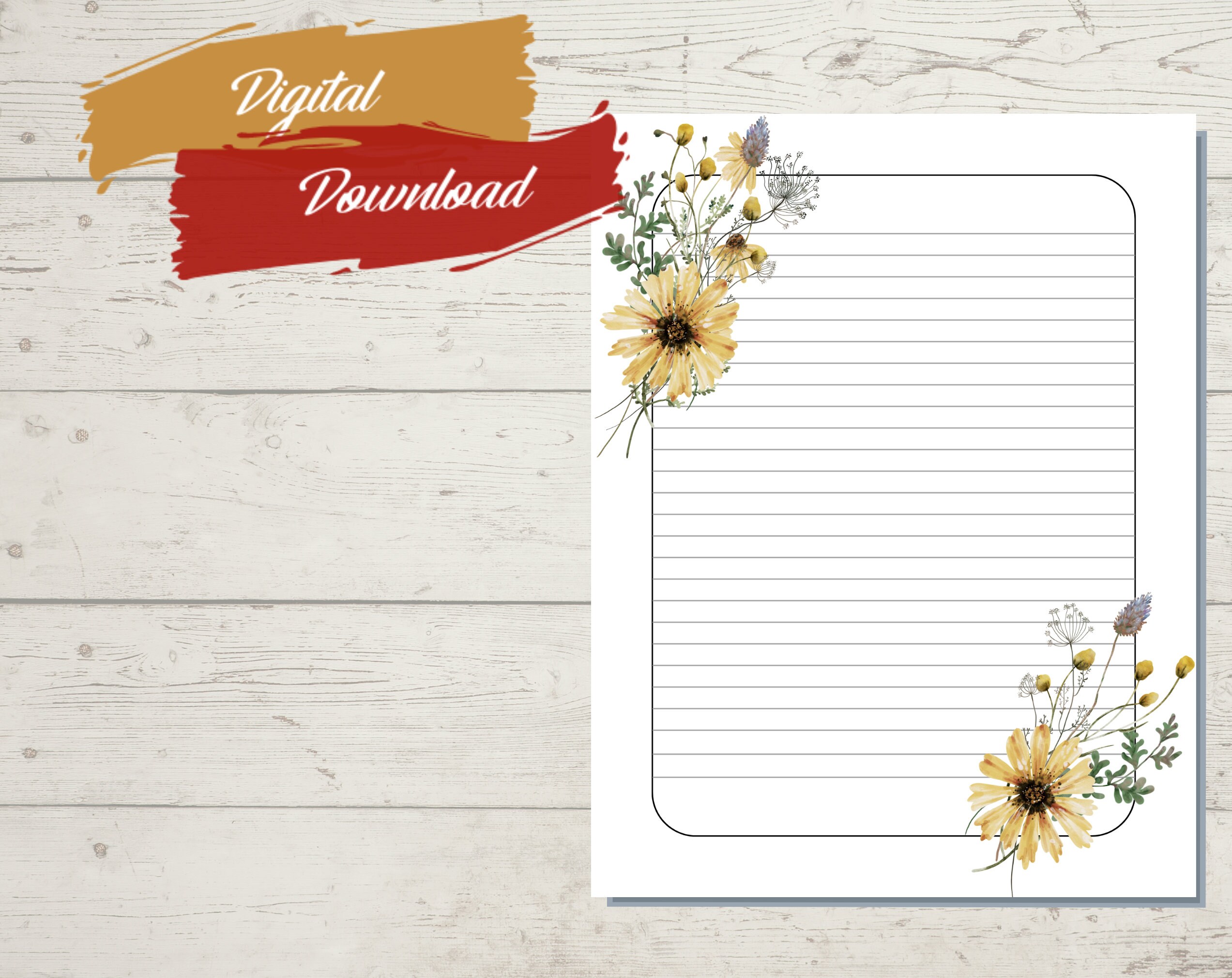 Printable Yellow Watercolor Flowers Letter Writing Paper, Digital ...