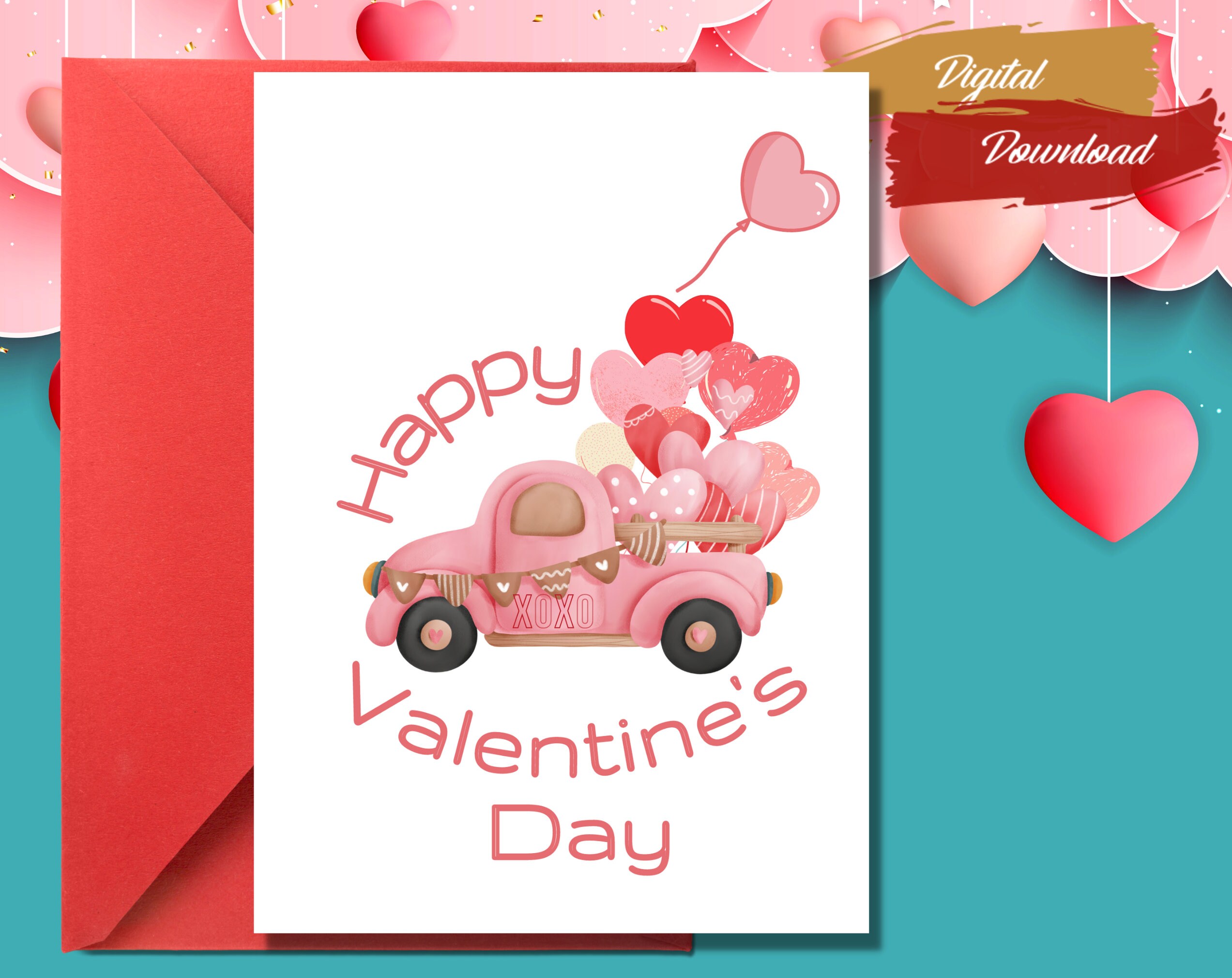 Printable Valentine's Day Greeting Card, Downloadable Card, Truck and ...