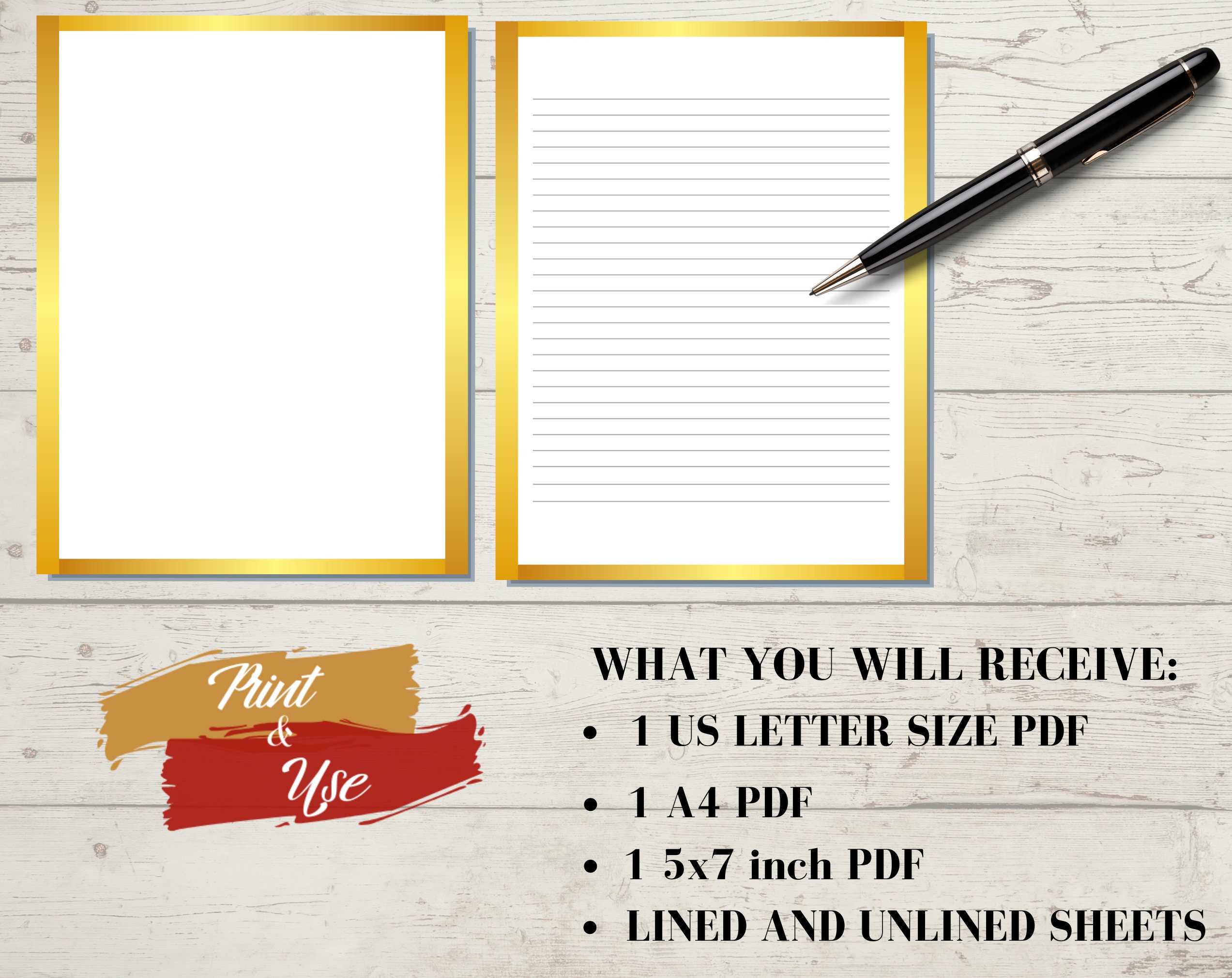 Gold Border Letter Writing Paper, Gold Paper Digital Download, Elegant ...