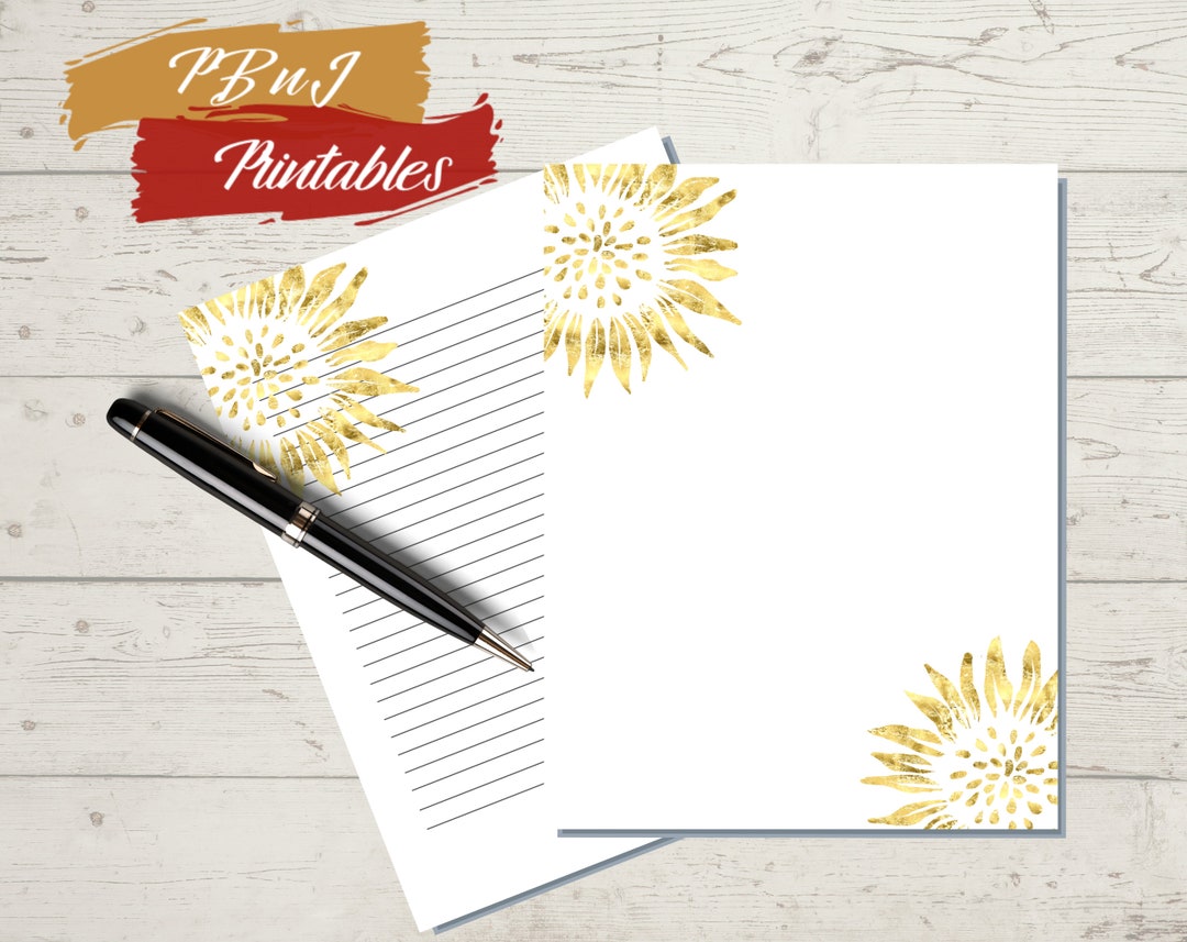 Gold Sunflower Letter Writing Paper, Digital Download, Elegant Note ...