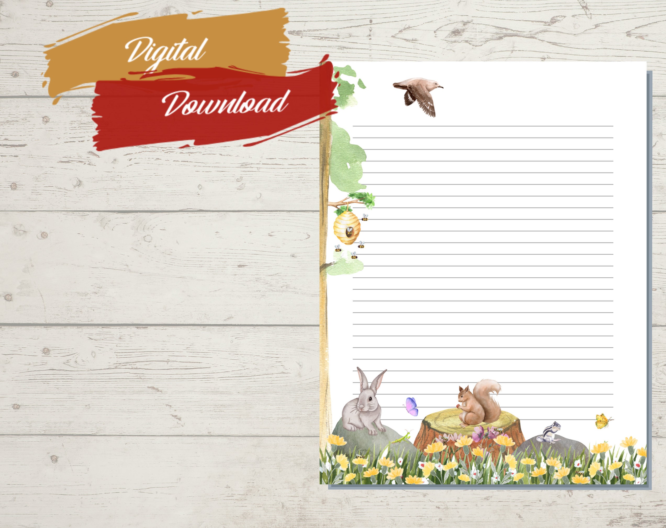 Printable Watercolor Spring Woodland Animals Scene Writing Paper ...