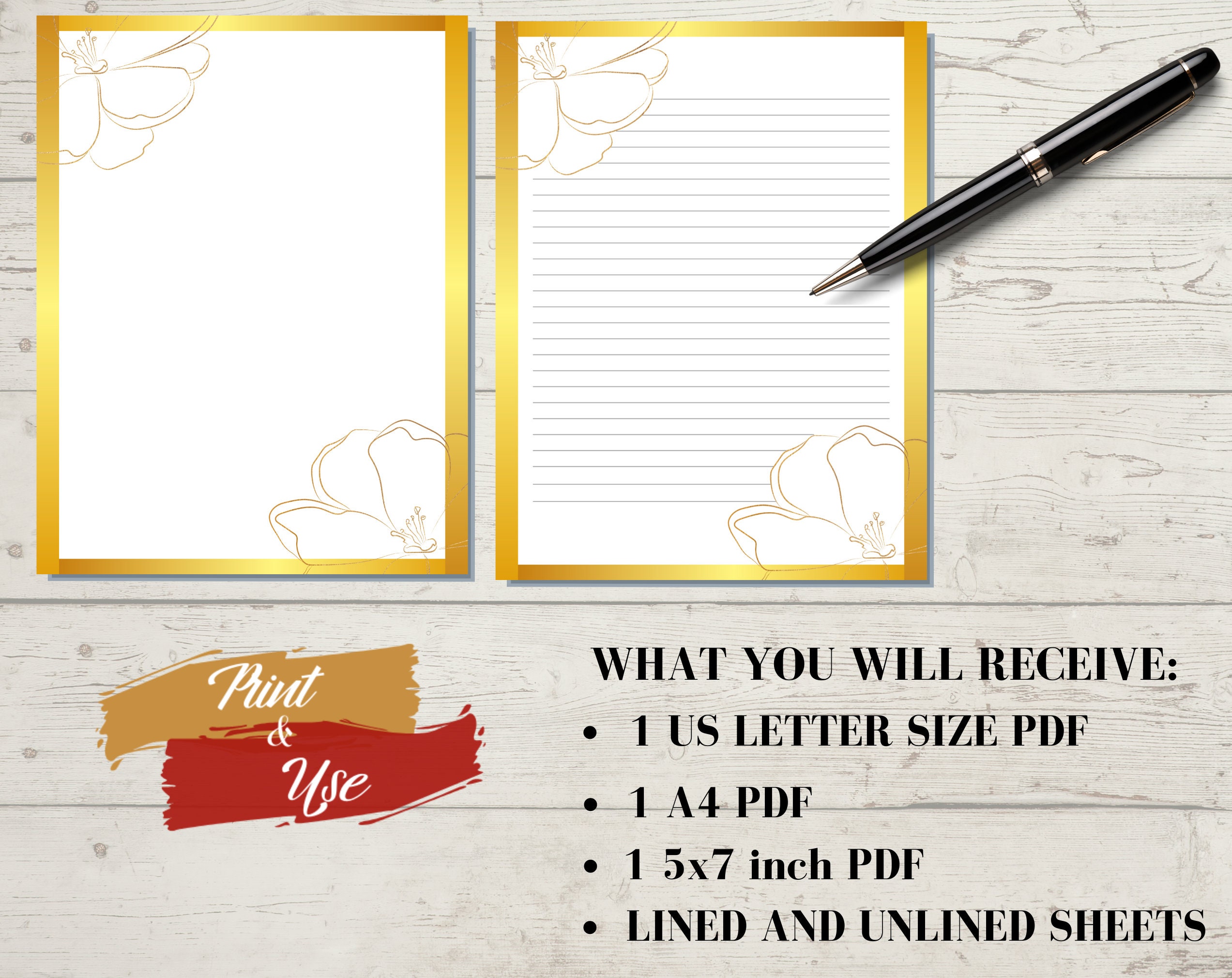 Gold Floral Border Letter Writing Paper, Digital Download, Elegant Note ...
