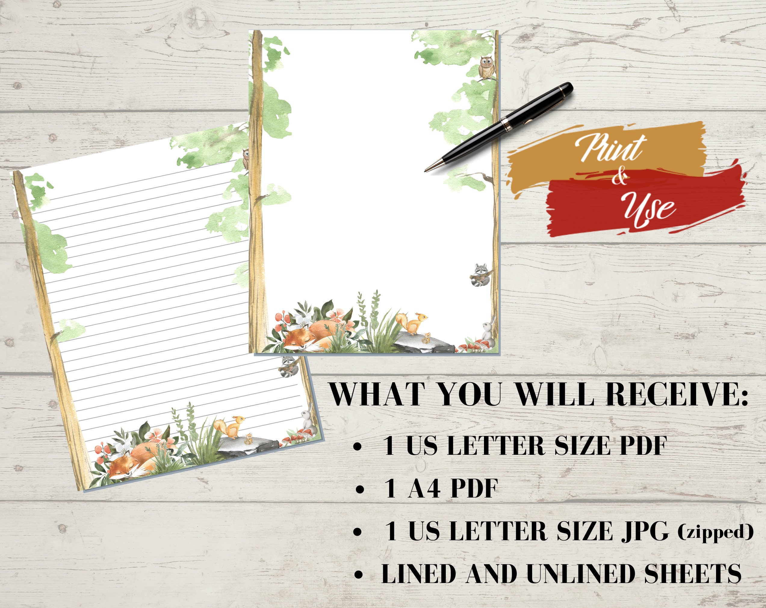 Printable Watercolor Woodland Animals Scene Writing Paper, Digital ...