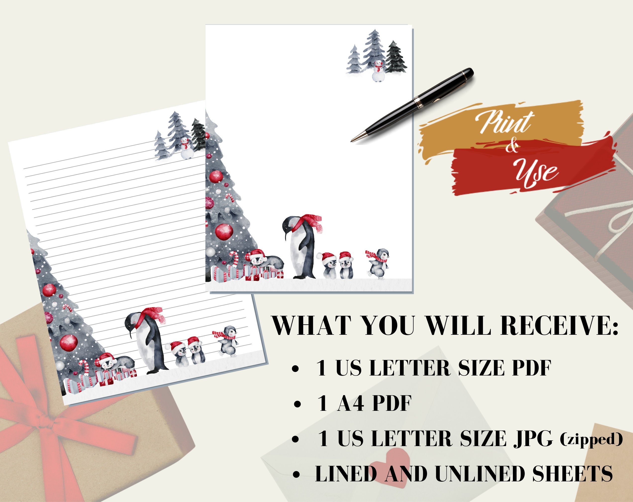 Printable Penguin Christmas Letter Writing Paper, Digital Download ...