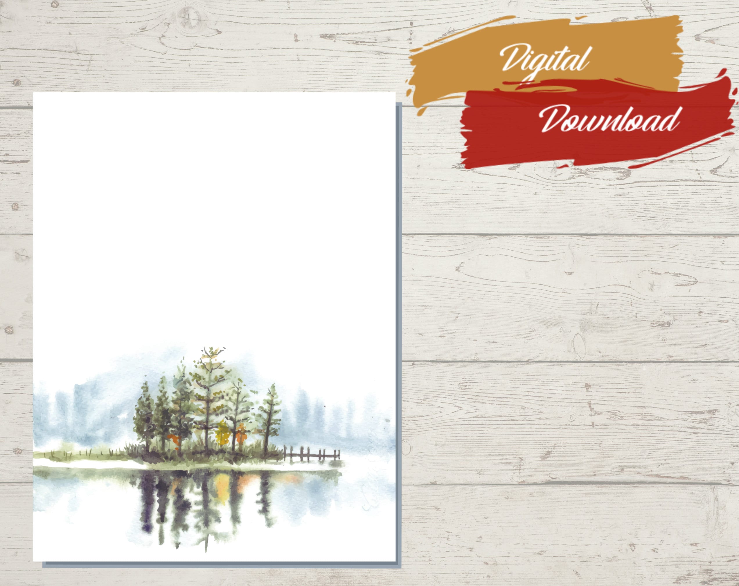 Printable Watercolor Trees on a Lake Letter Writing Paper, Printable ...