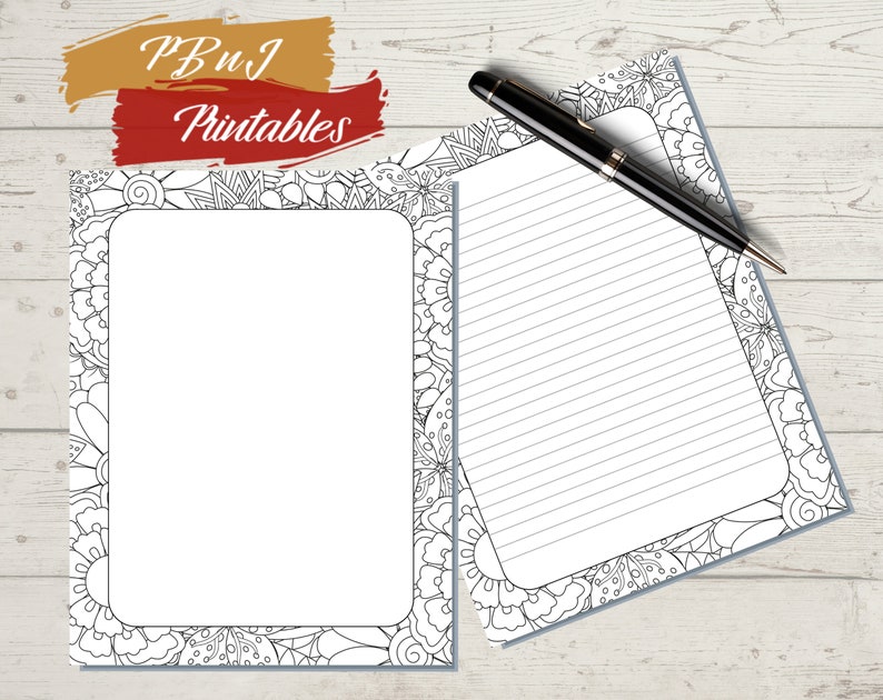 Printable Floral Border Coloring Stationery, Digital Download ...