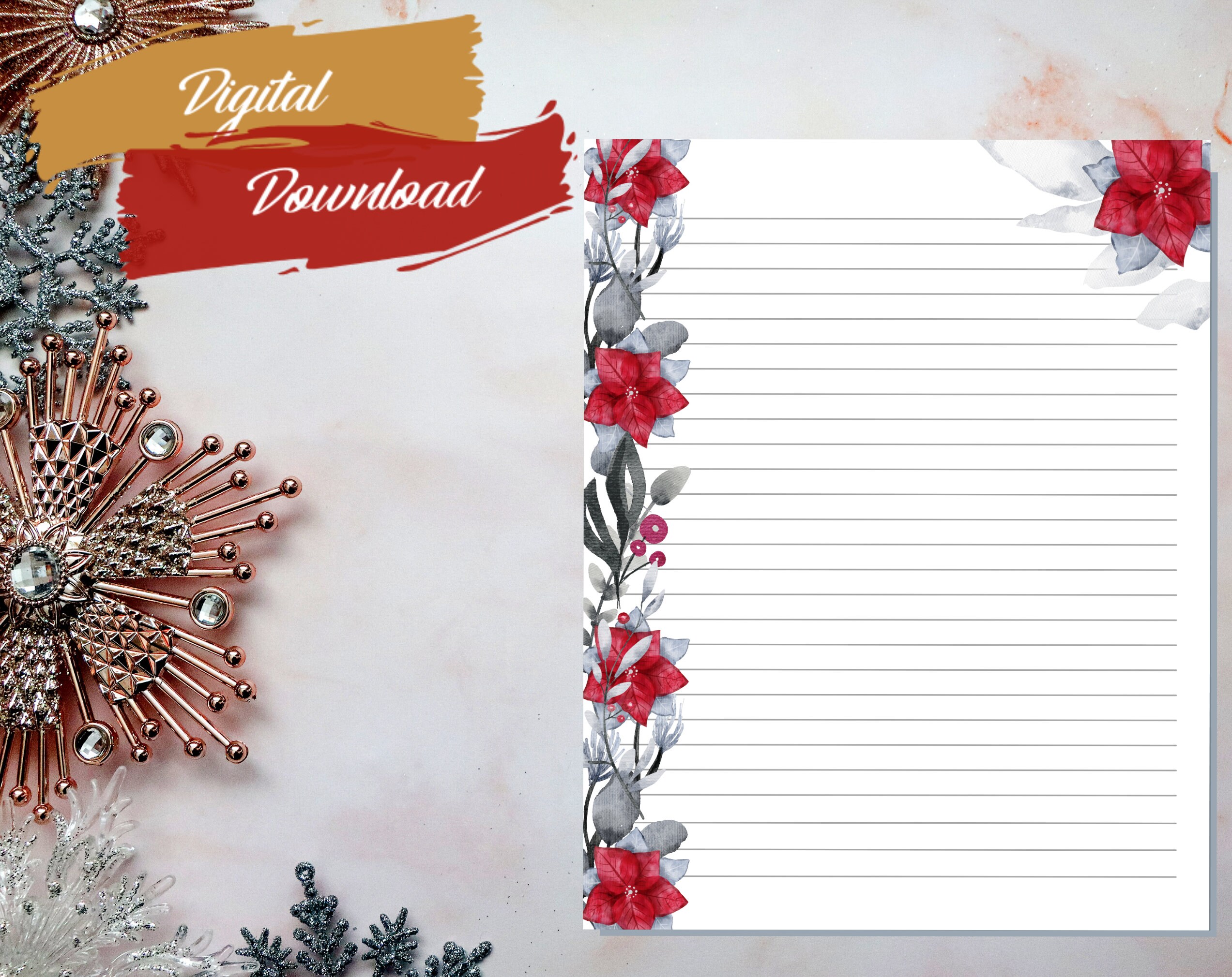 Printable Christmas Poinsettias Letter Writing Paper, Digital Download ...
