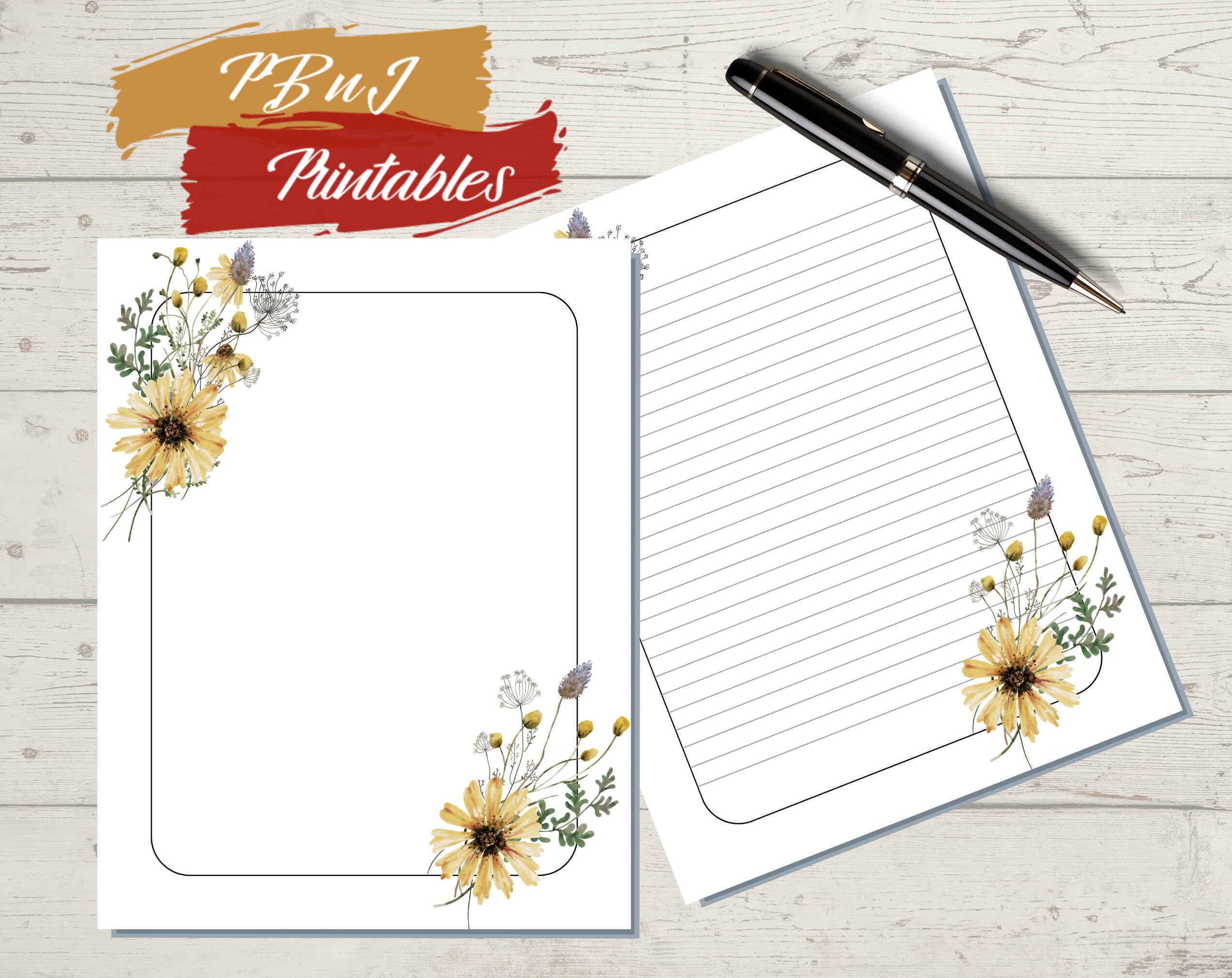 Printable Yellow Watercolor Flowers Letter Writing Paper, Digital ...