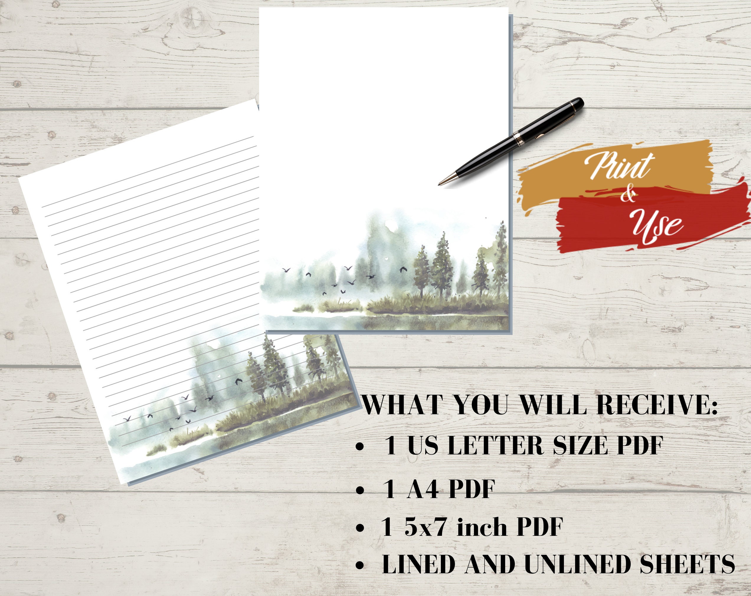 Printable Watercolor Trees on a Lake Letter Writing Paper, Printable ...