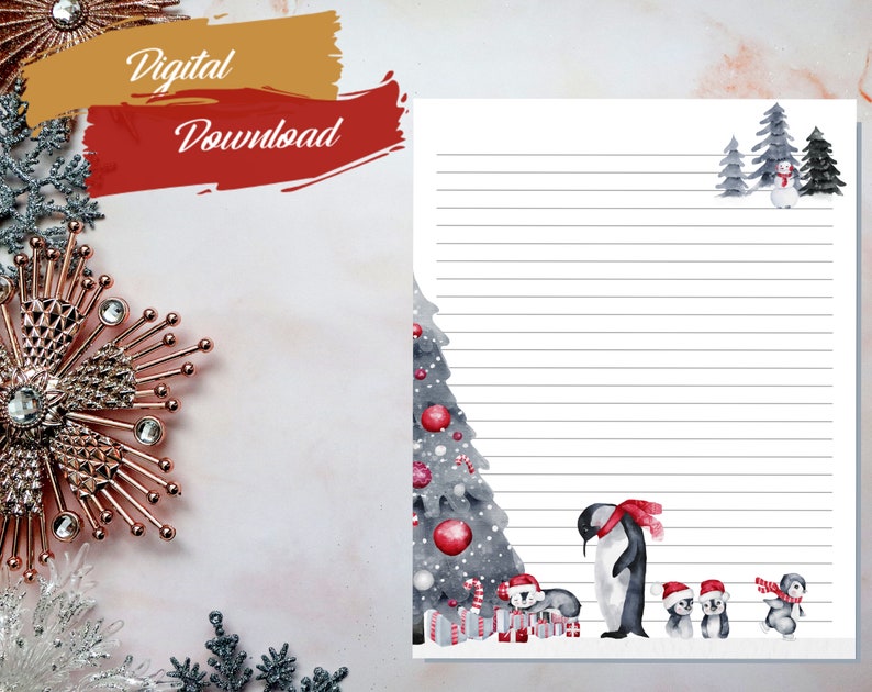 Printable Penguin Christmas Letter Writing Paper, Digital Download ...