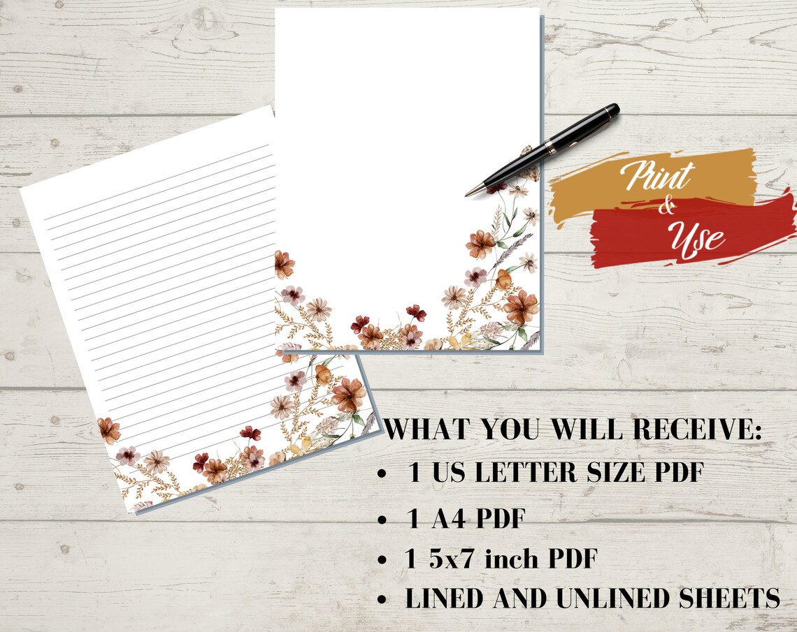Printable Watercolor Flowers Letter Writing Paper, Digital Download ...