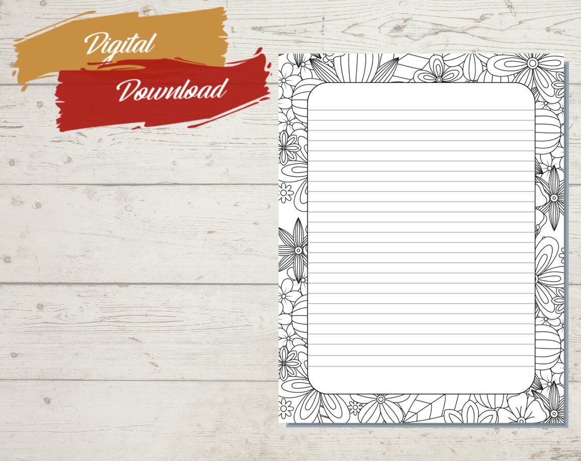 Printable Floral Border Coloring Stationery, Digital Download ...
