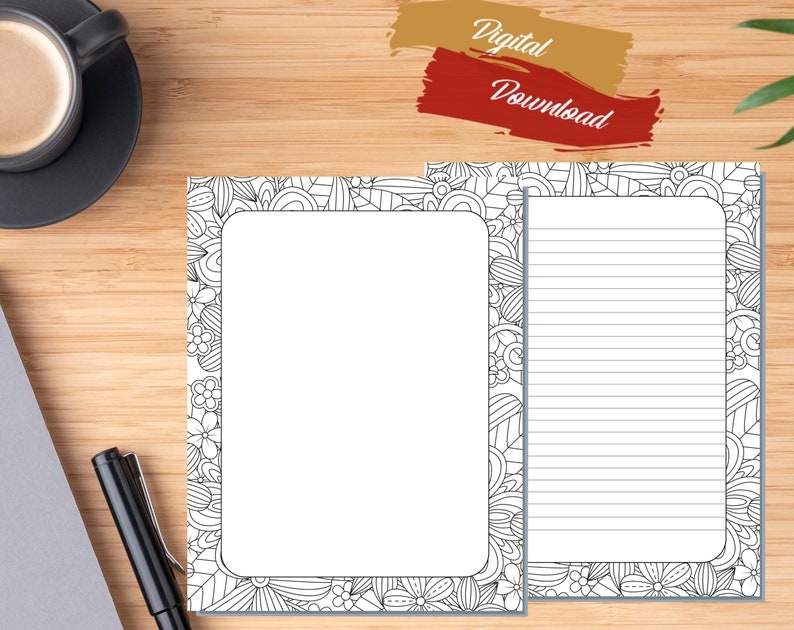 Printable Floral Border Coloring Stationery, Digital Download ...