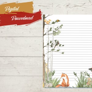 Printable Watercolor Woodland Animals Scene Writing Paper, Digital ...