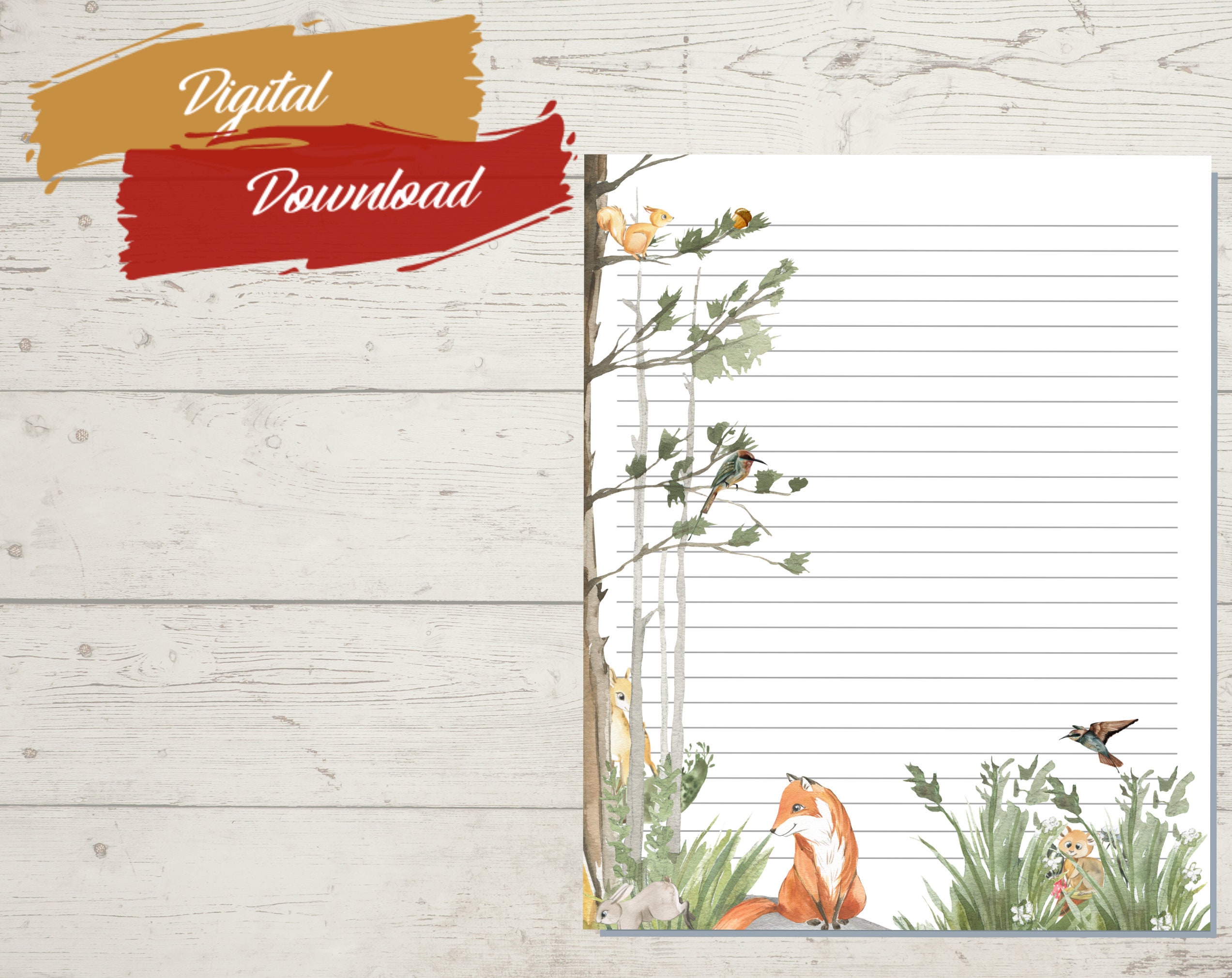 Printable Watercolor Woodland Animals Scene Writing Paper, Digital ...