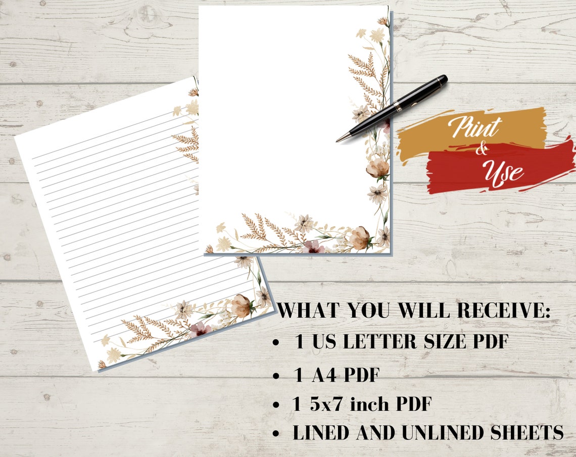 Printable Watercolor Botanical Letter Writing Paper, Digital Download ...