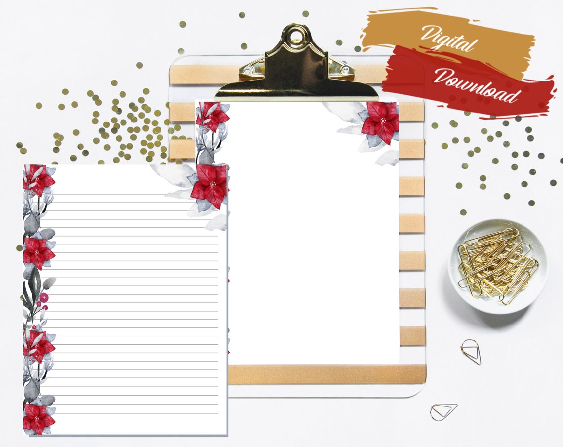 Printable Christmas Poinsettias Letter Writing Paper Digital | Etsy