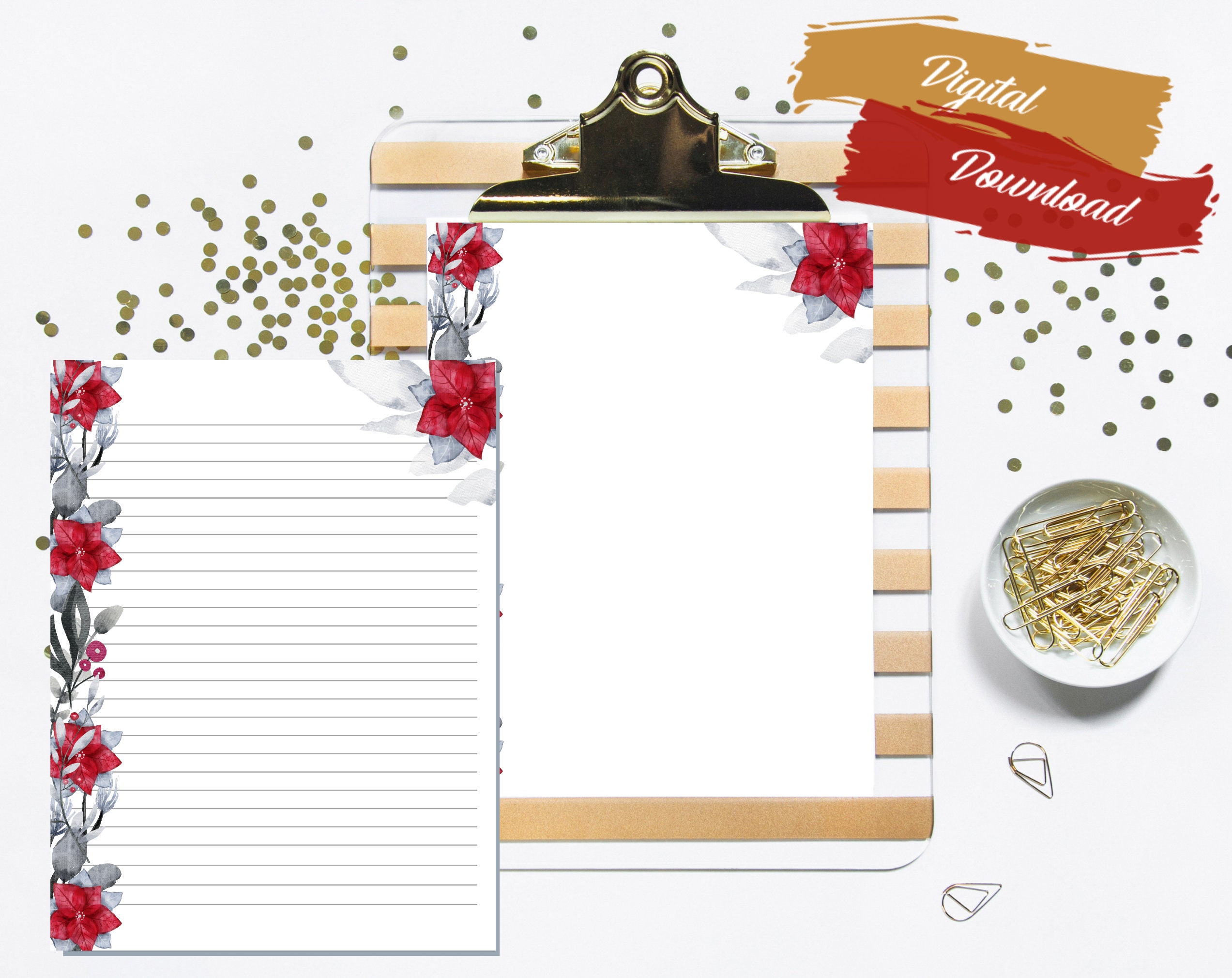 Printable Christmas Poinsettias Letter Writing Paper, Digital Download ...