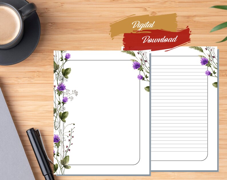Printable Purple Watercolor Flowers Letter Writing Paper, Digital ...