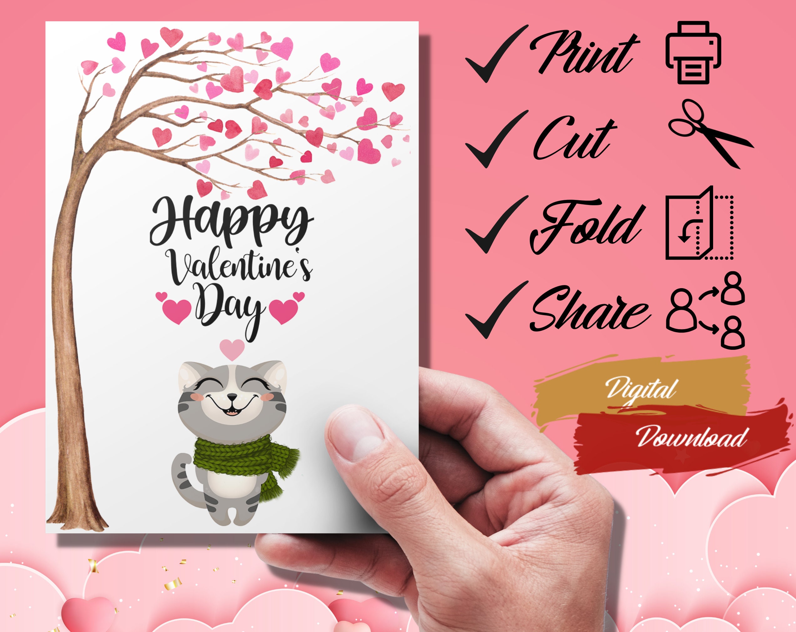 Printable Cat Valentine's Day Greeting Card, Downloadable Card, Cat ...