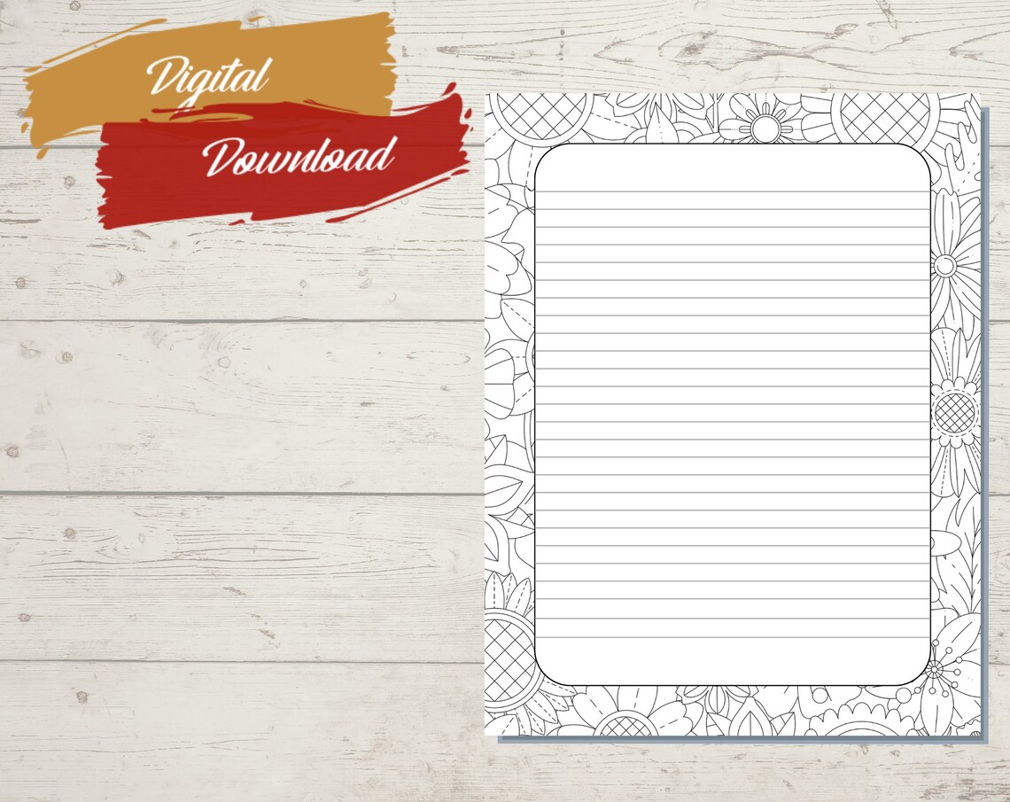 Printable Floral Border Coloring Stationery, Digital Download ...