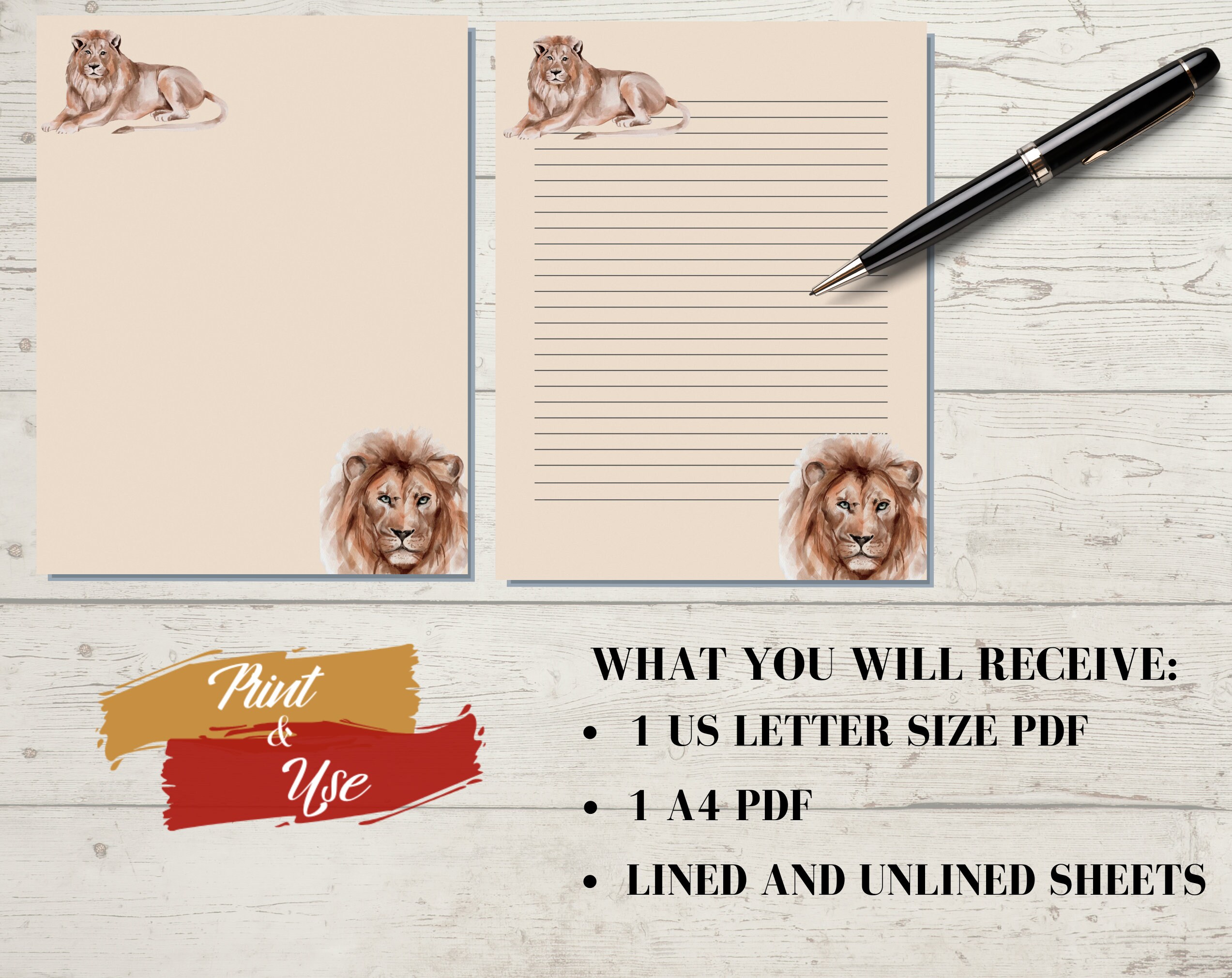 Lion Printable Stationery, Digital Download, Printable Note Paper, Lion ...