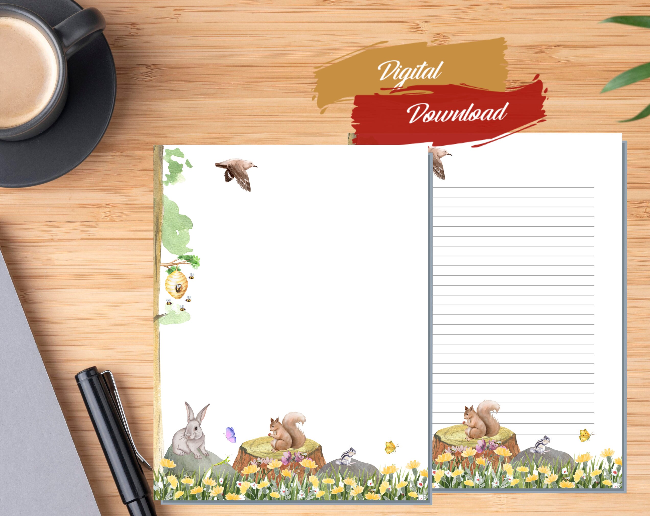 Printable Watercolor Spring Woodland Animals Scene Writing Paper ...