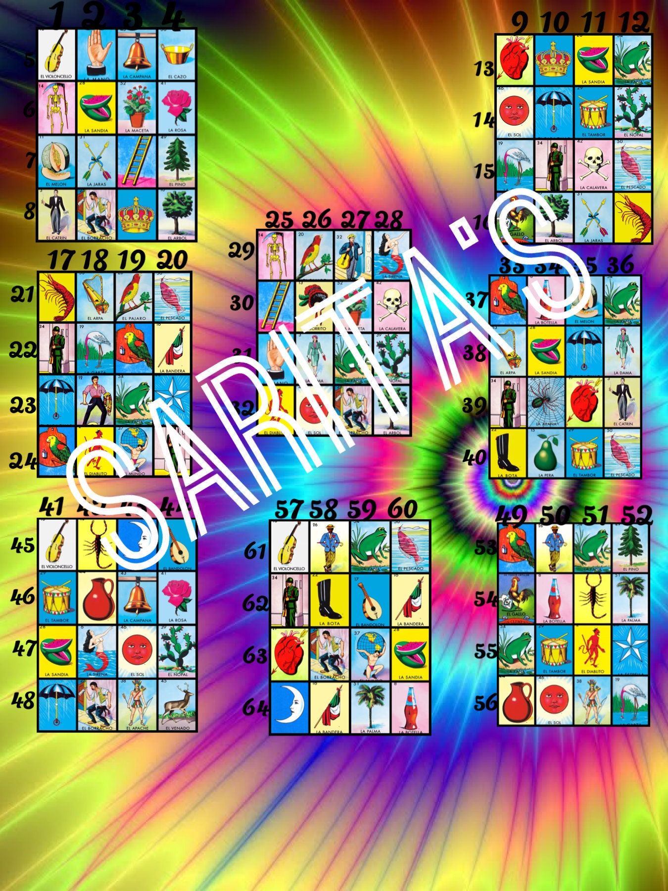 Loteria Board 64 Lines Tye Dye Colorful - Etsy