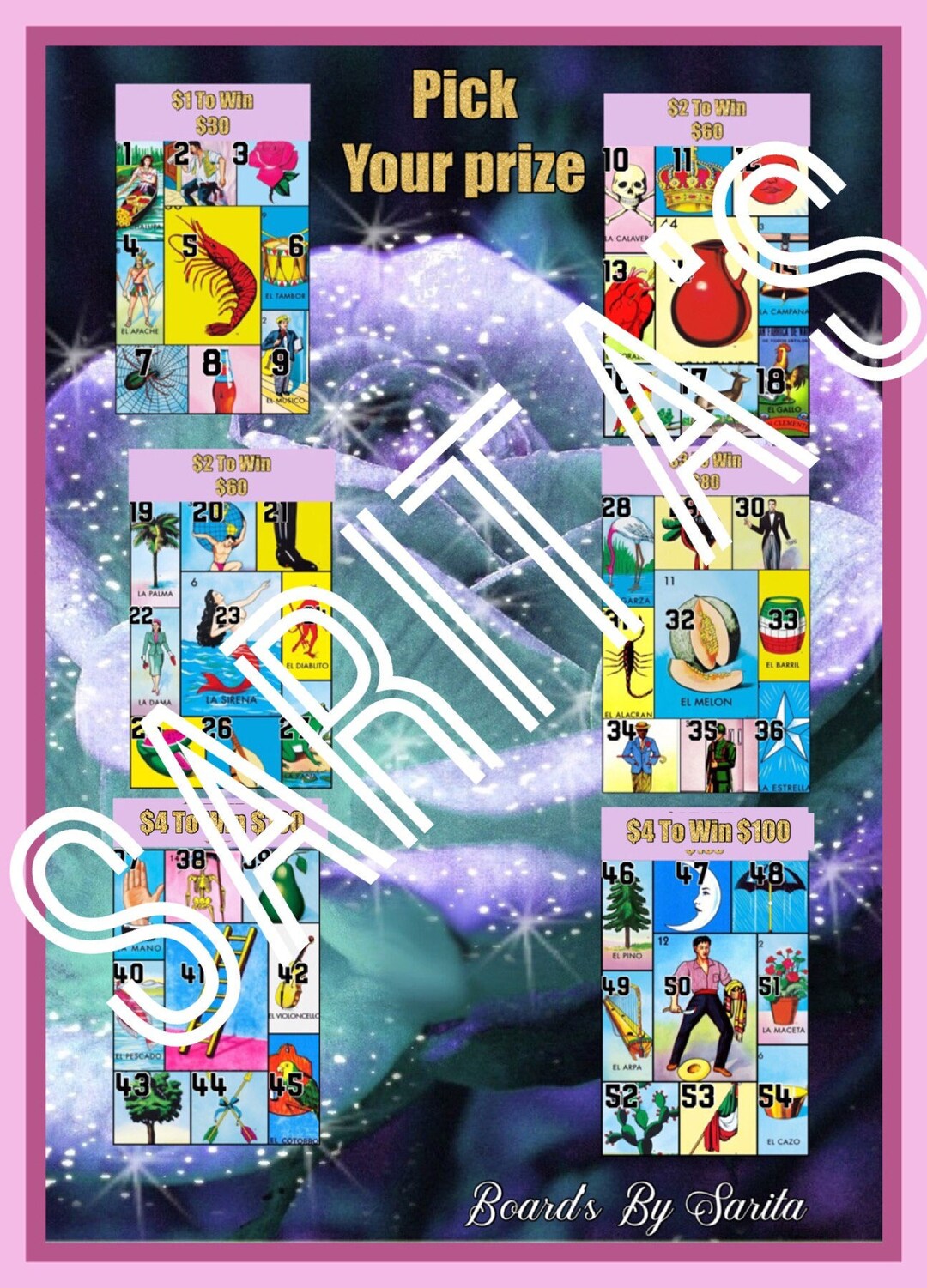 Loteria Mexicana Board Purple Rose PYP Pick Your Prize - Etsy