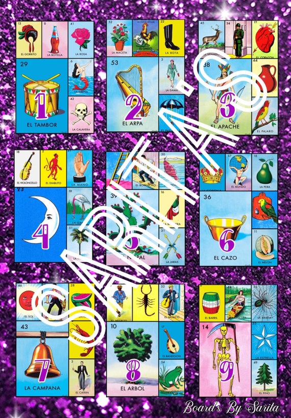 Loteria Mexicana Board Card All 54 Cards Only 9 Numbers Purple | Etsy