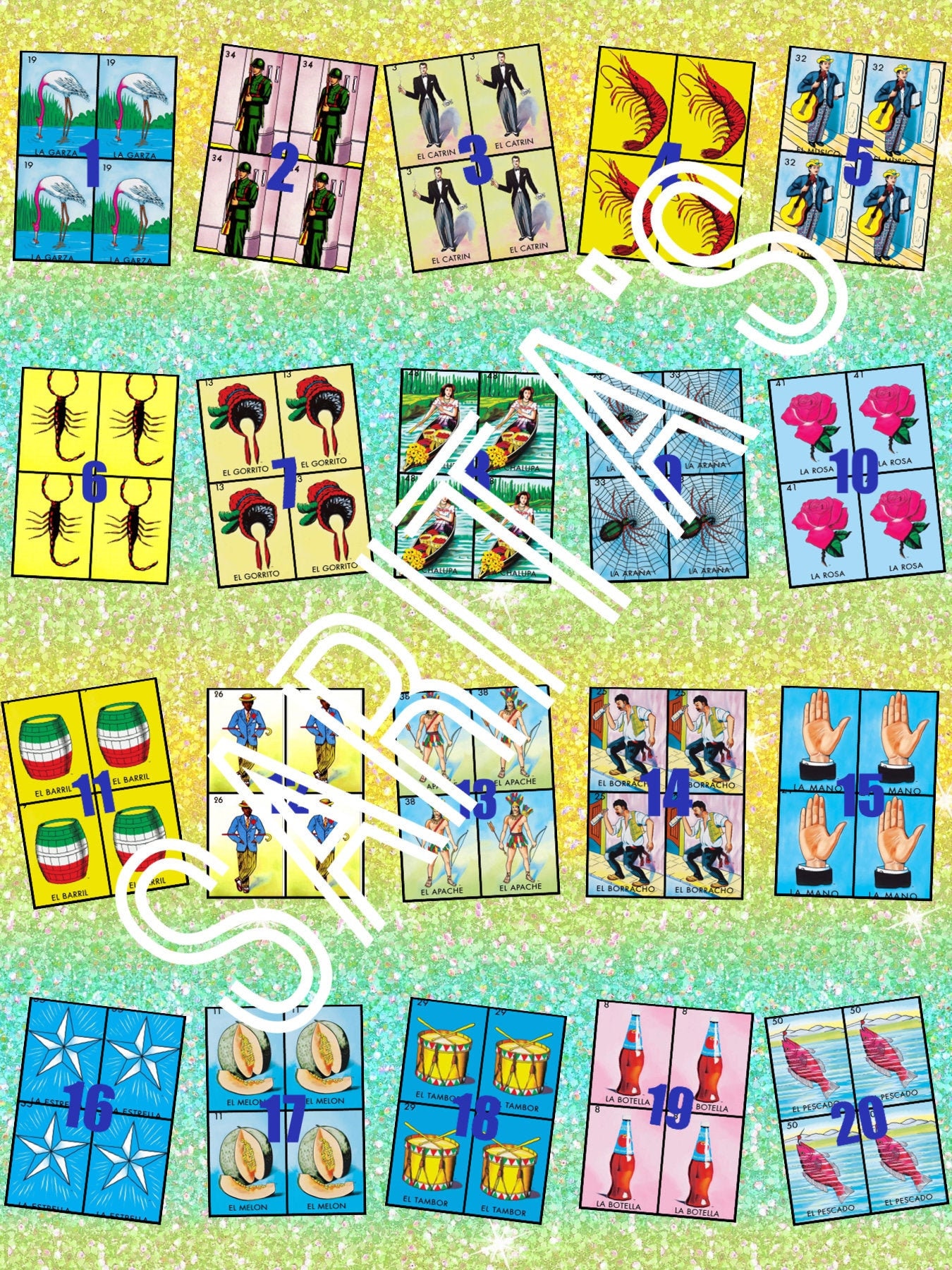 Shuffle Roulette Loteria Mexicana Board 20 Numbers Lime Green Glitter ...