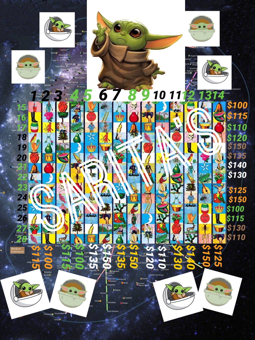Baby Yoda Loteria Board 28 Numbers Money Maker - Etsy