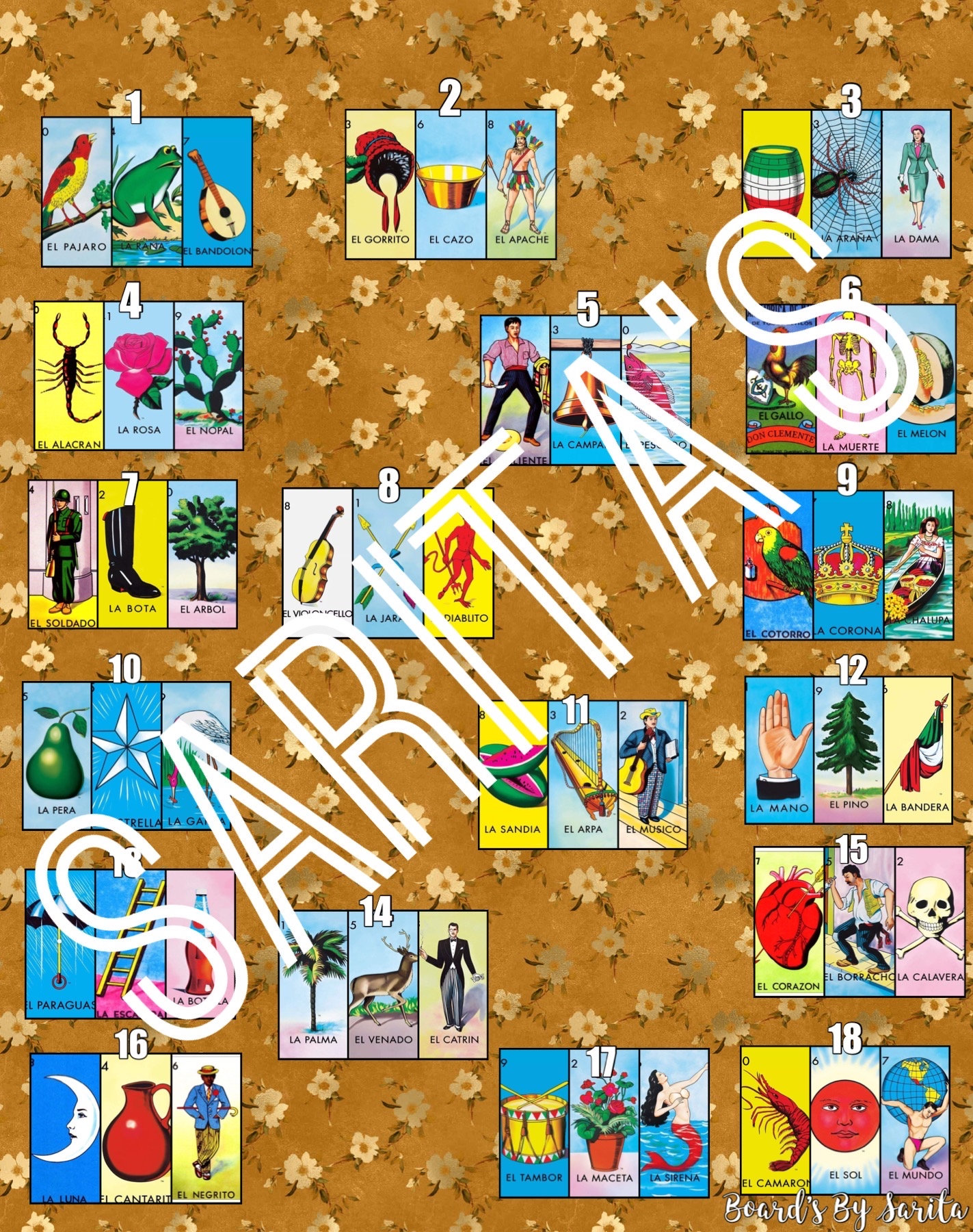 Loteria Mexicana Board 18 Numbers 54 Cards Gold Flower Etsy
