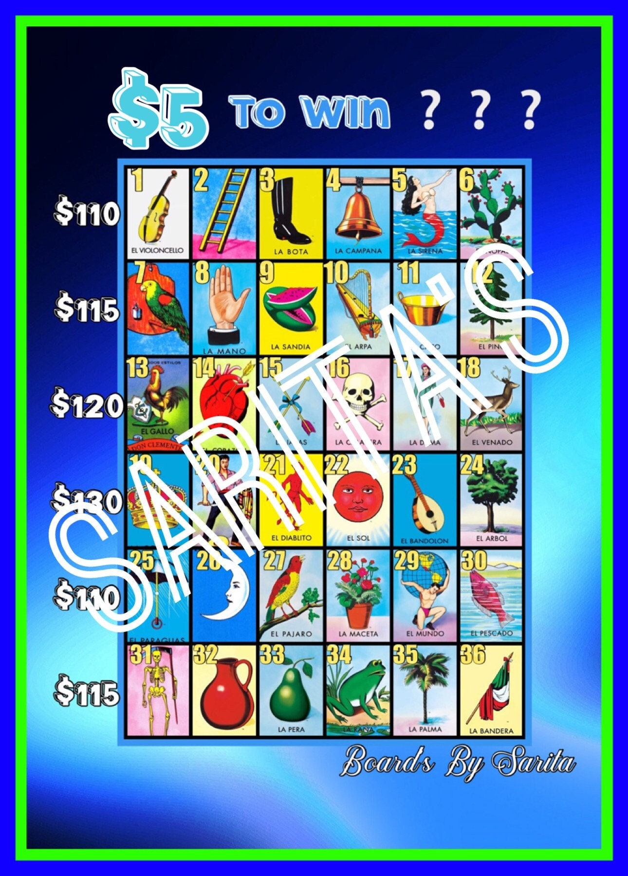 Loteria Mexicana Board Card 36 Cards Numbered PYP Blue - Etsy Canada