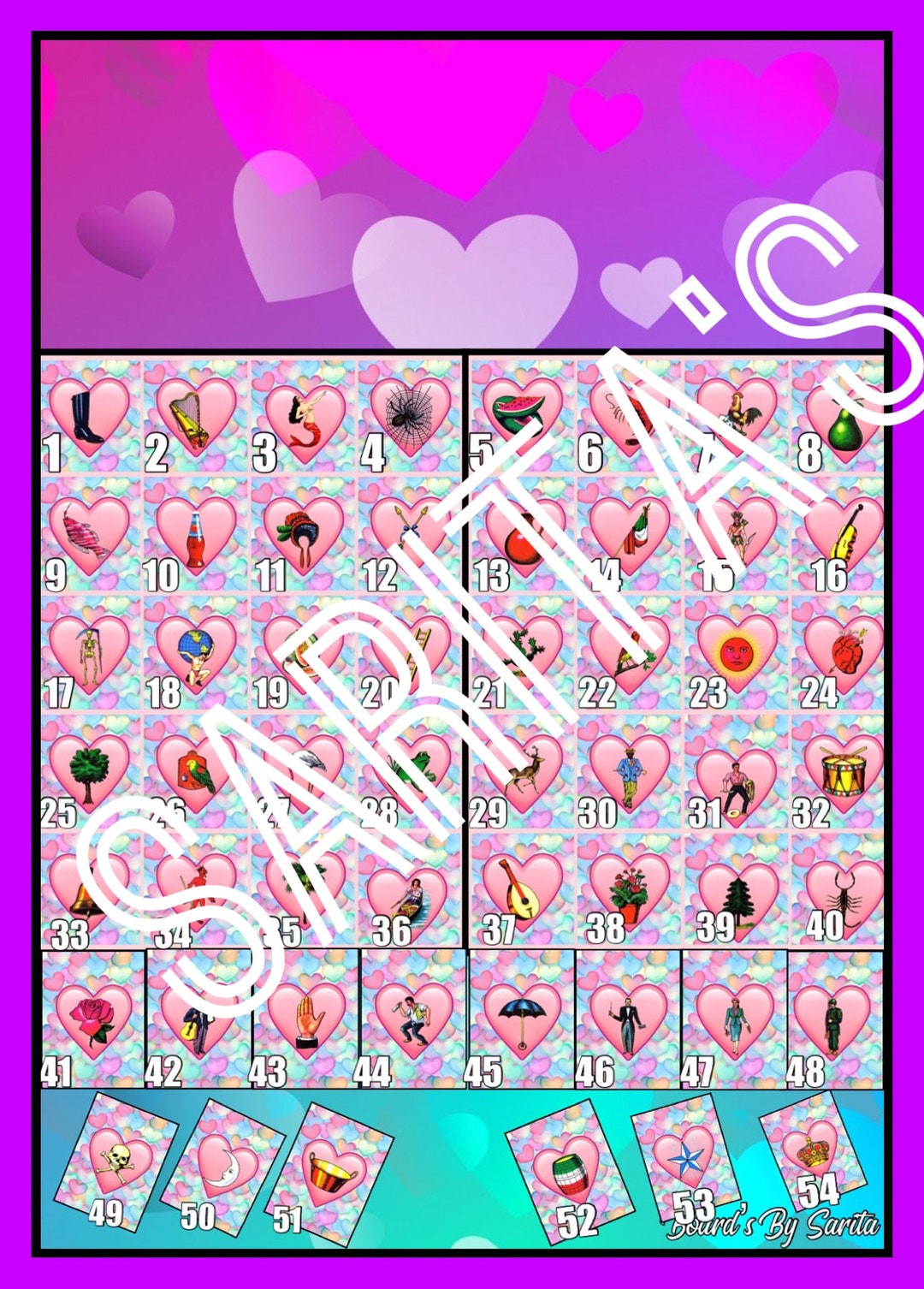 Loteria Mexicana Board All 54 Cards Numbered Hearts Valentines - Etsy