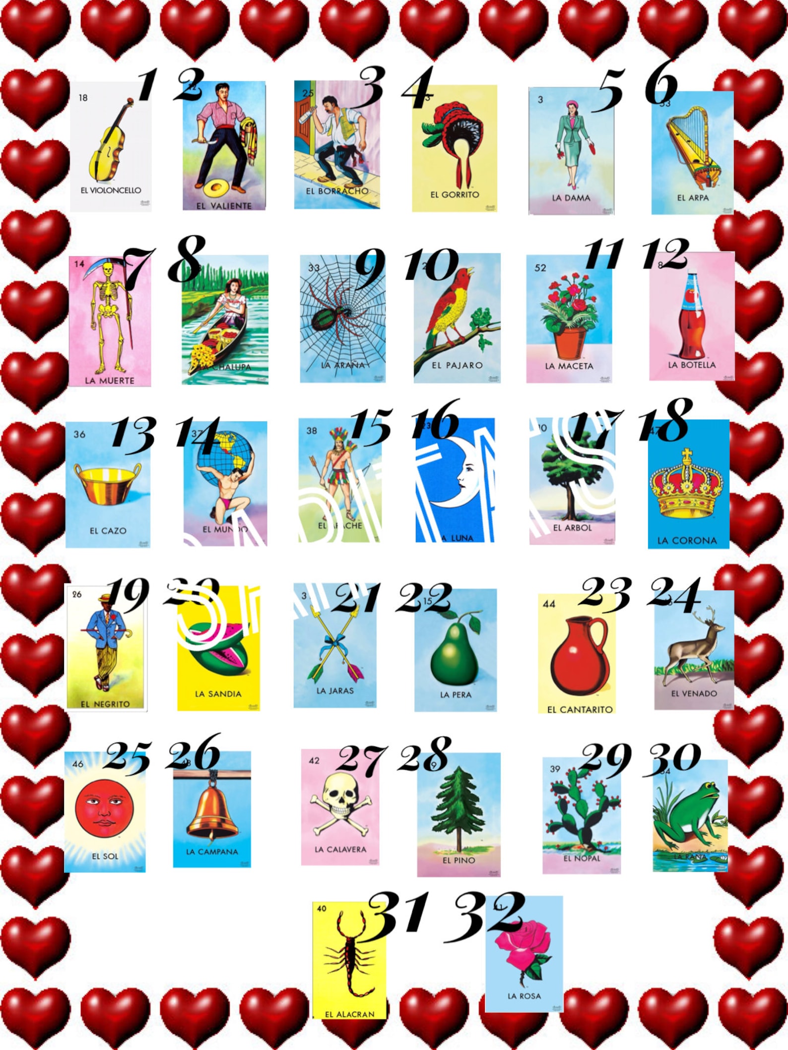 Valentines Loteria Mexicana Board Hearts 32 Single Cards - Etsy