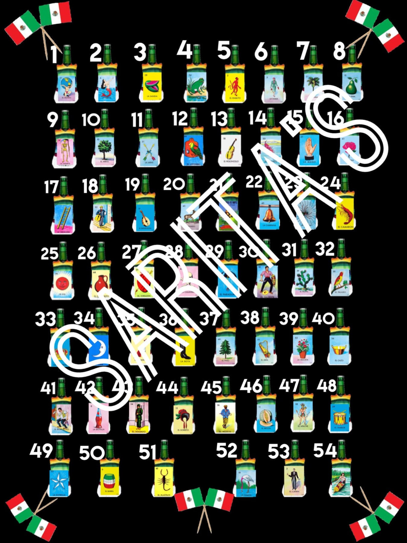 Loteria Mexicana Board 54 Cards in Zarape Bottle Cinco De Mayo Bandera ...