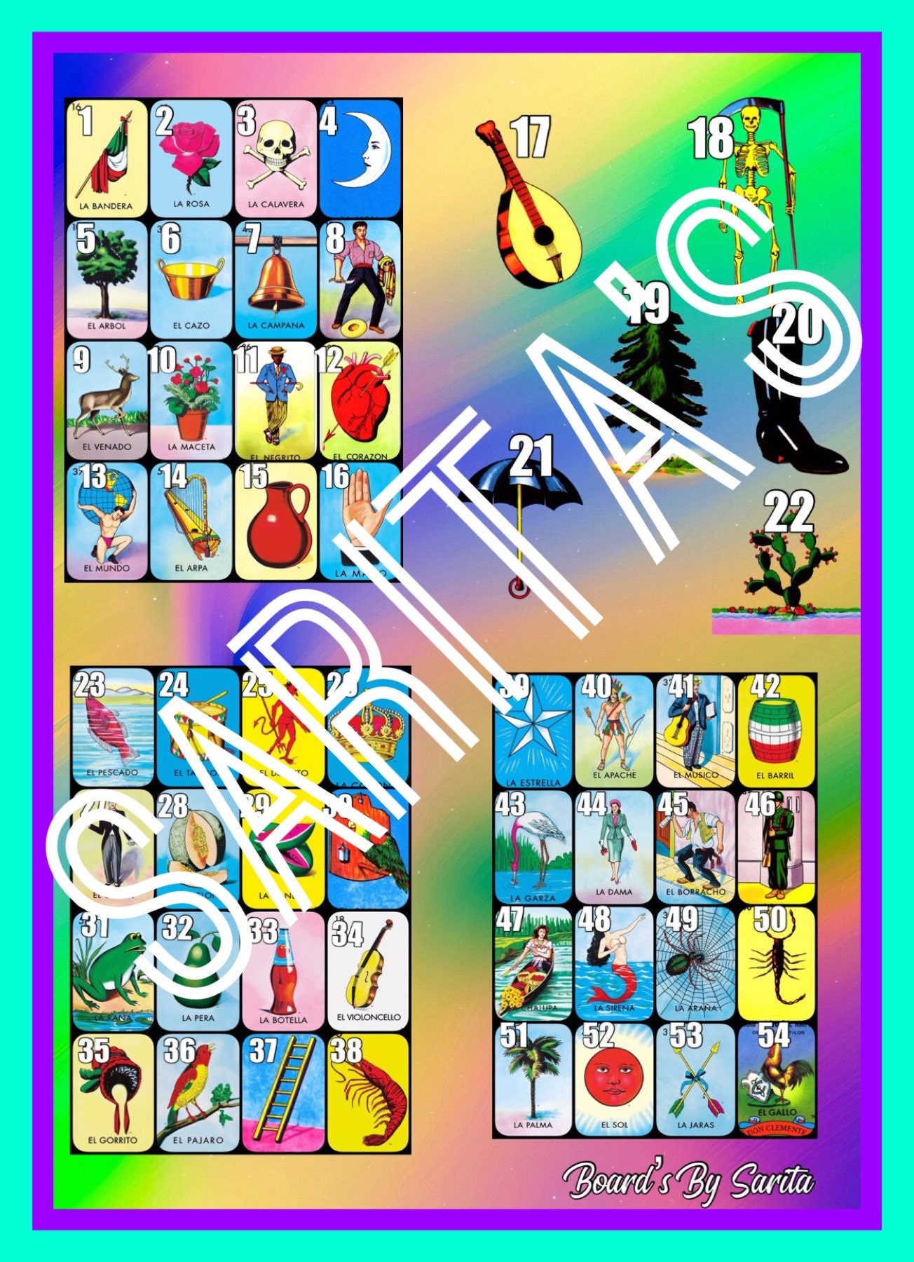 Loteria Mexicana Board Card Neon 54 Cards Numbered - Etsy
