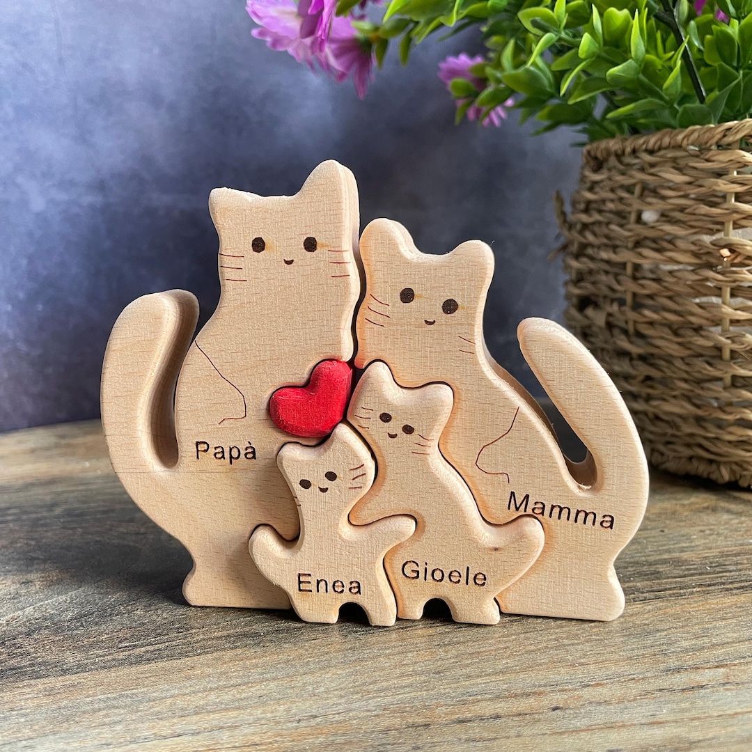 Personalized Wooden Cat Family Puzzle, Cat Family Puzzle With Names ...