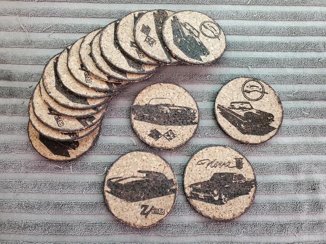 Set of 4 Muscle Car Coasters, 3/16" Thick X 3.75" Diameter Cork, Laser ...