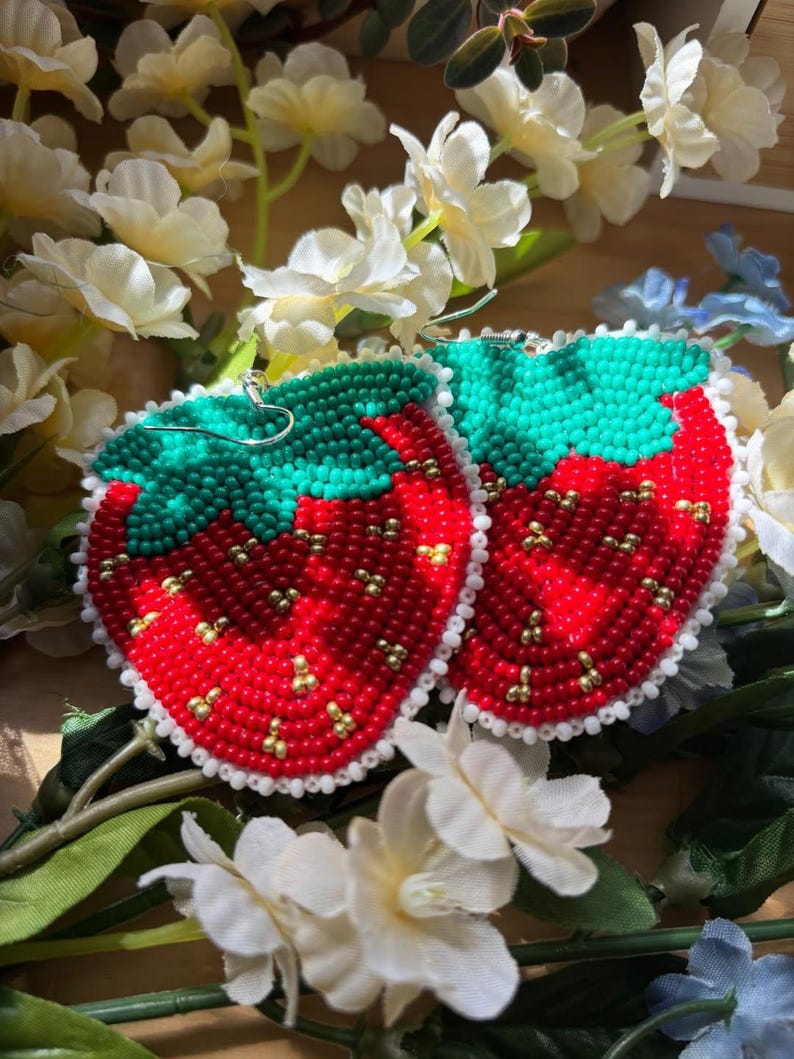 Strawberry Beaded Earrings Handmade Indigenous Beadwork MADE TO ORDER ...